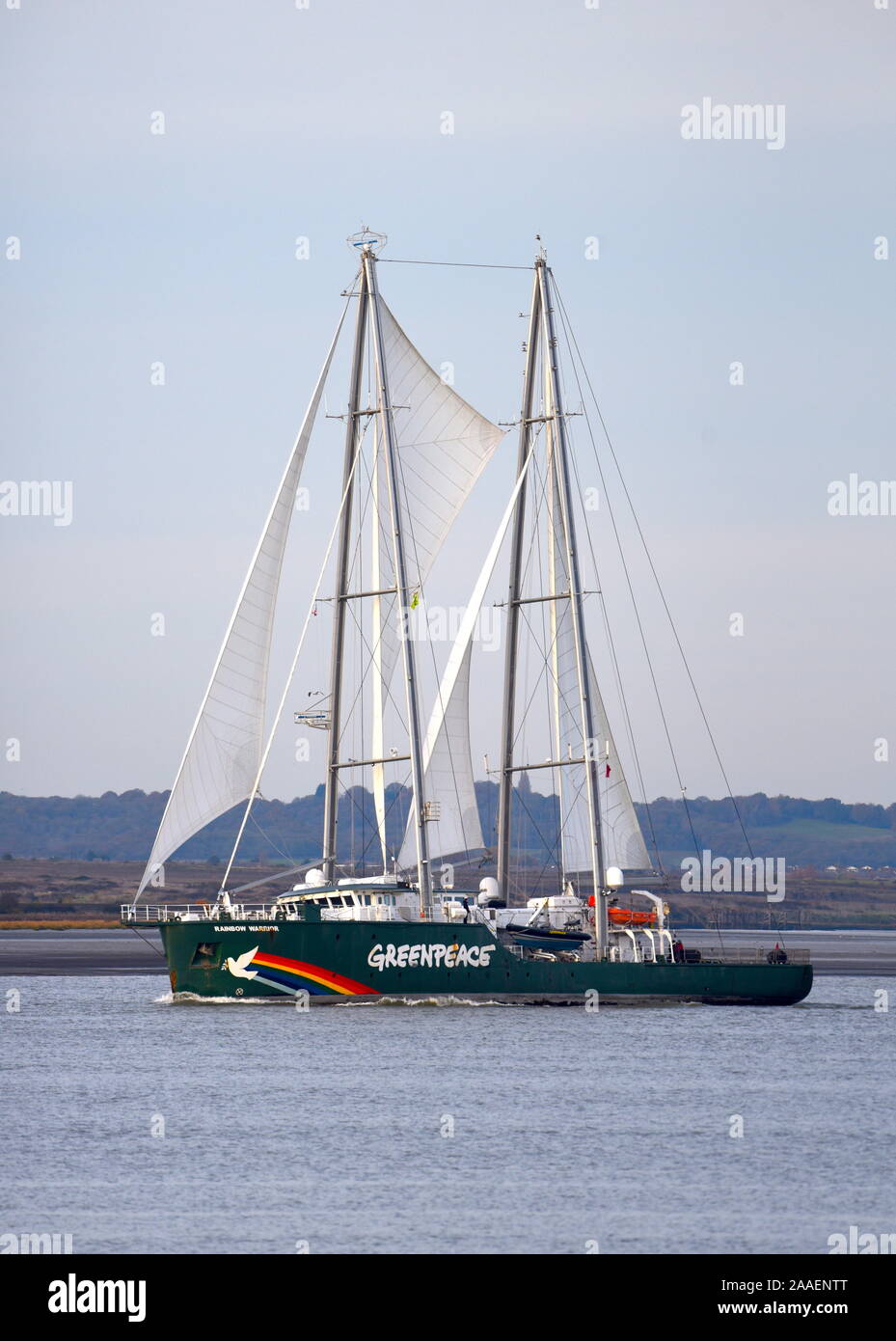 Greenpeace yacht, Rainbow Warrior III is pictured under sail on the ...