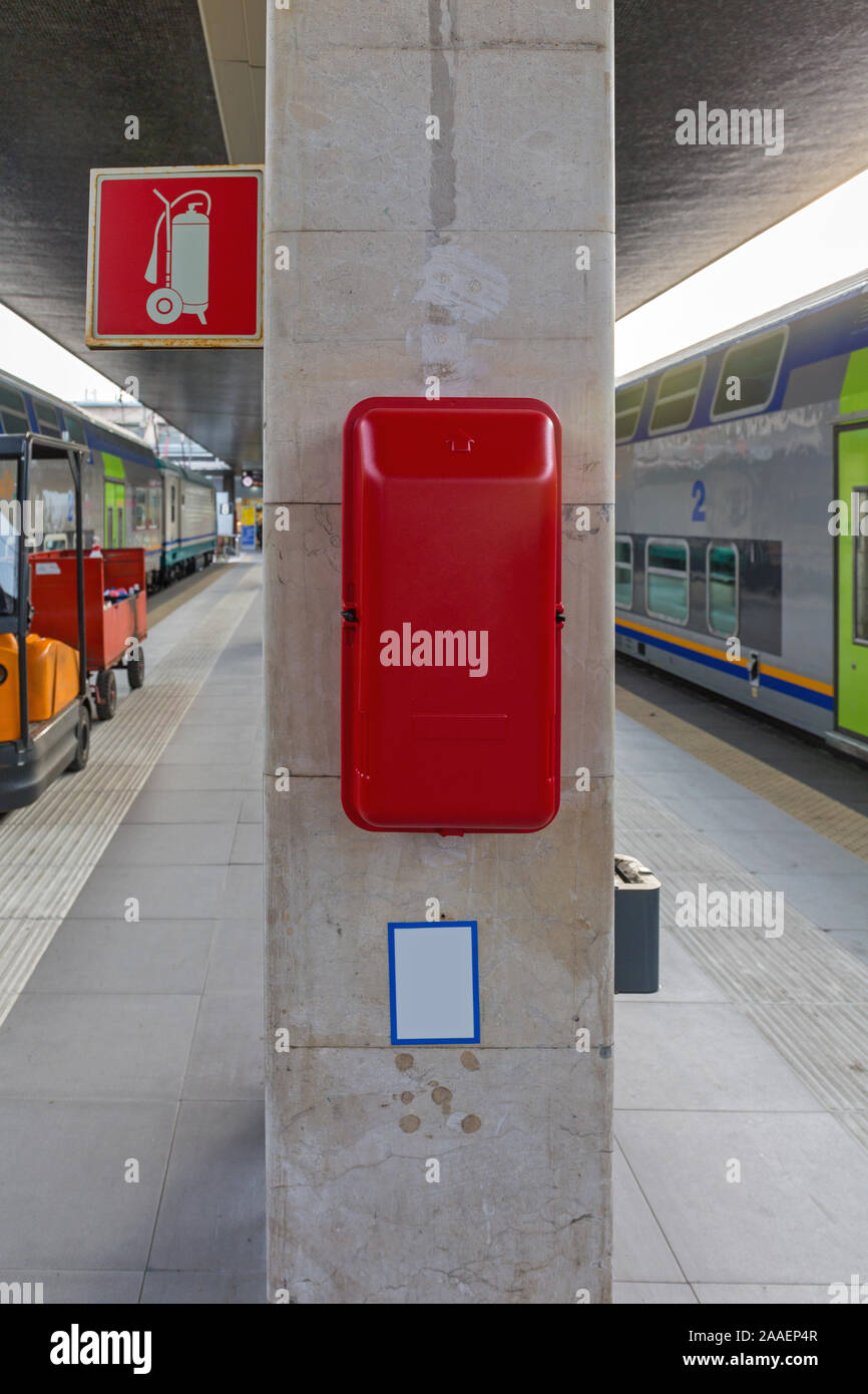 Fire Extinguisher in Box at Train Station Platform Stock Photo - Alamy