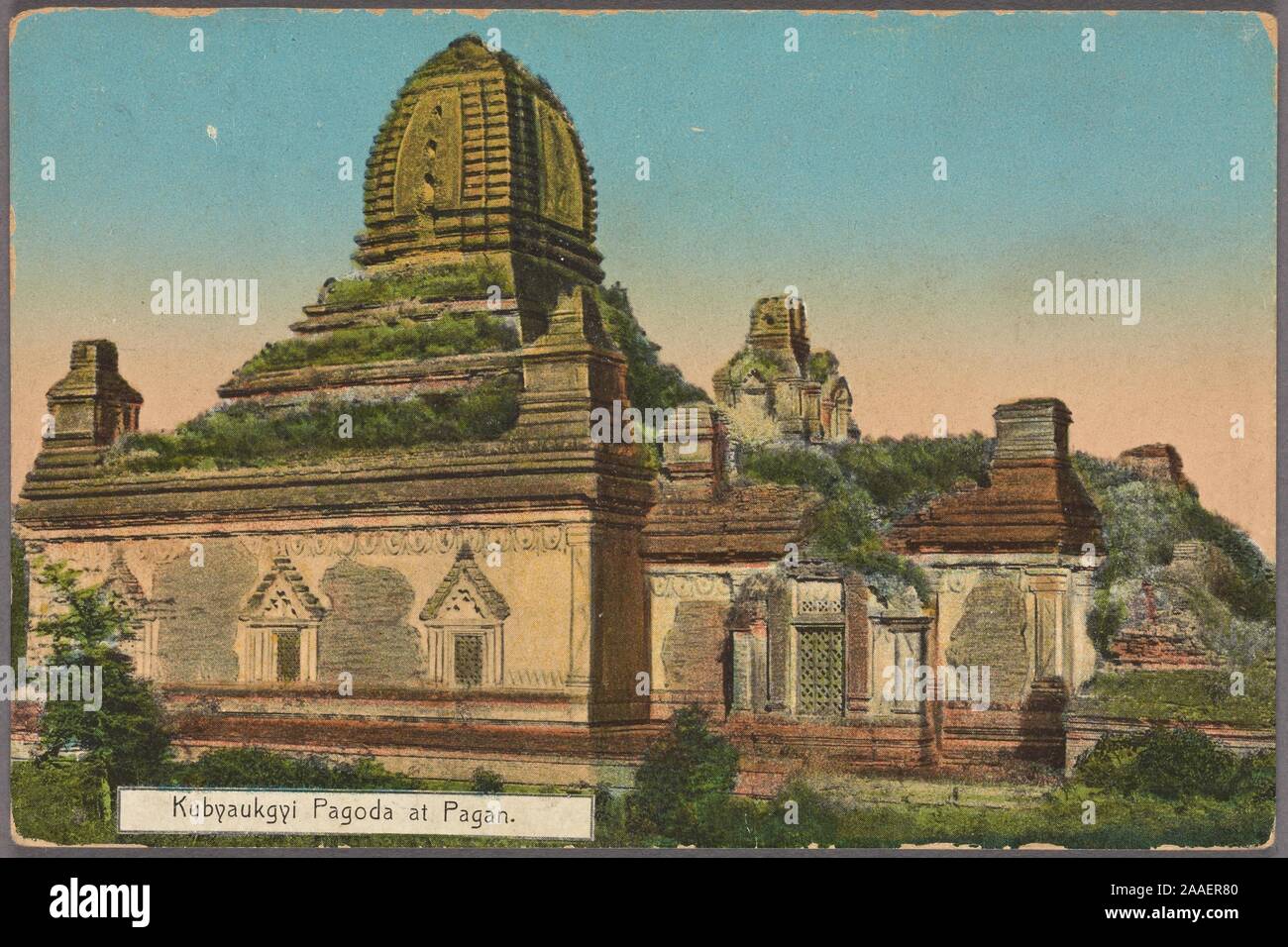 Illustrated postcard of the Gubyaukgyi, or Kubyauk-gyi temple, a ...