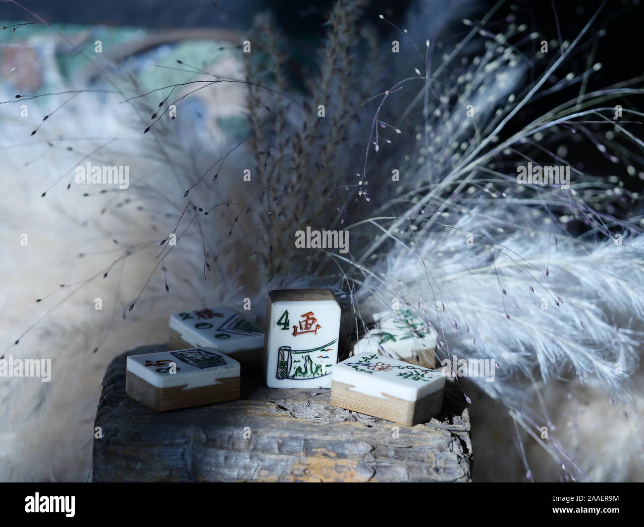 Mahjong tiles of flowers and seasons with grass background Stock Photo ...