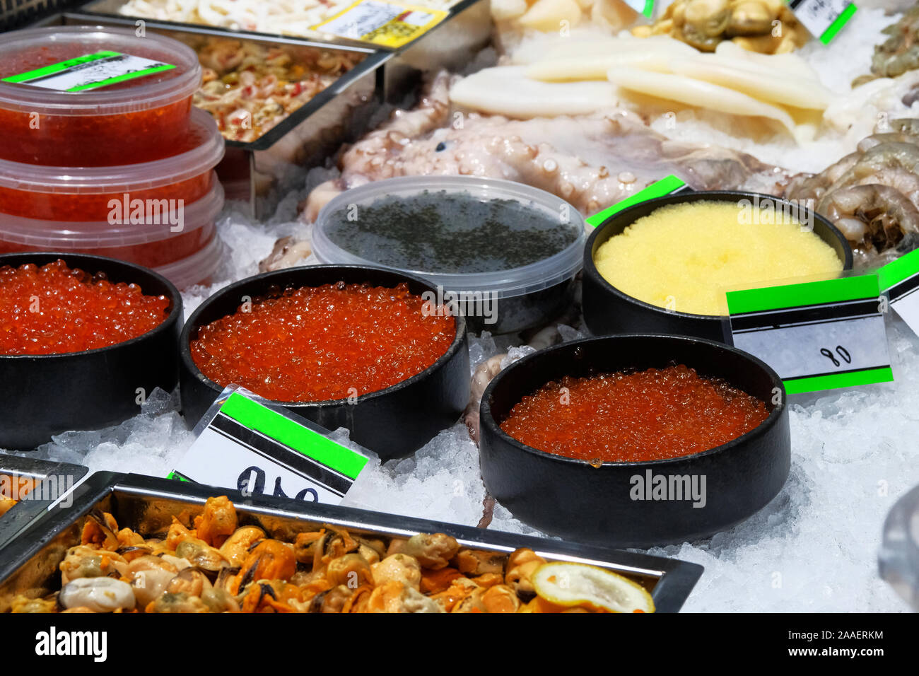 Red and black fish caviar in fish market. Fish roe caviar. Fish seafood ...