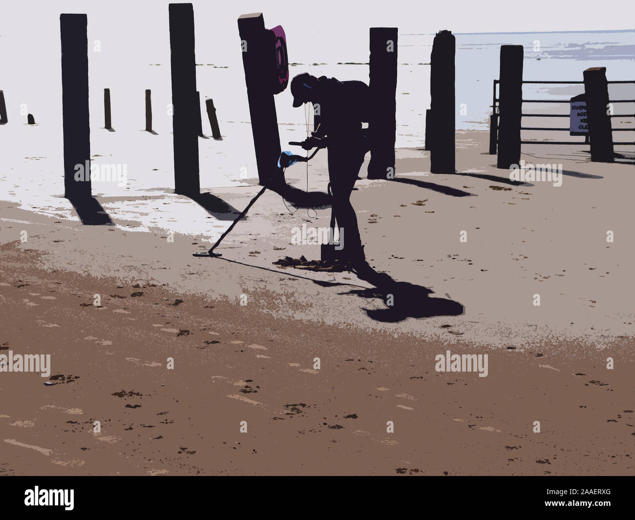 Woman, metal detecting on a Brean beach Somerset UK, silhouette, cutout ...