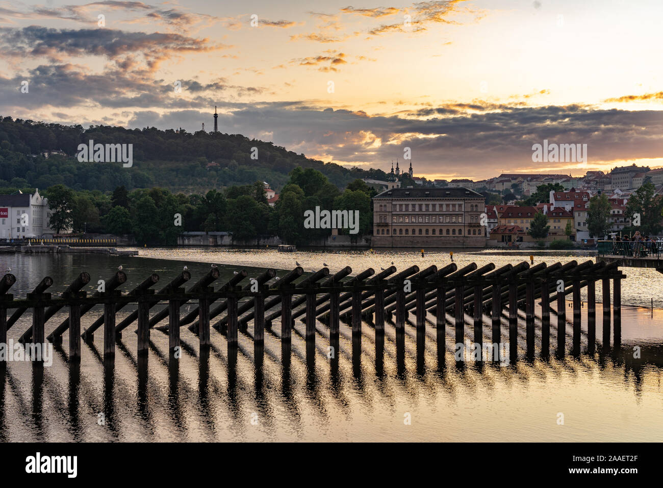 Scenic panorama cityscape view of Moldava river boat Prague in Czech ...