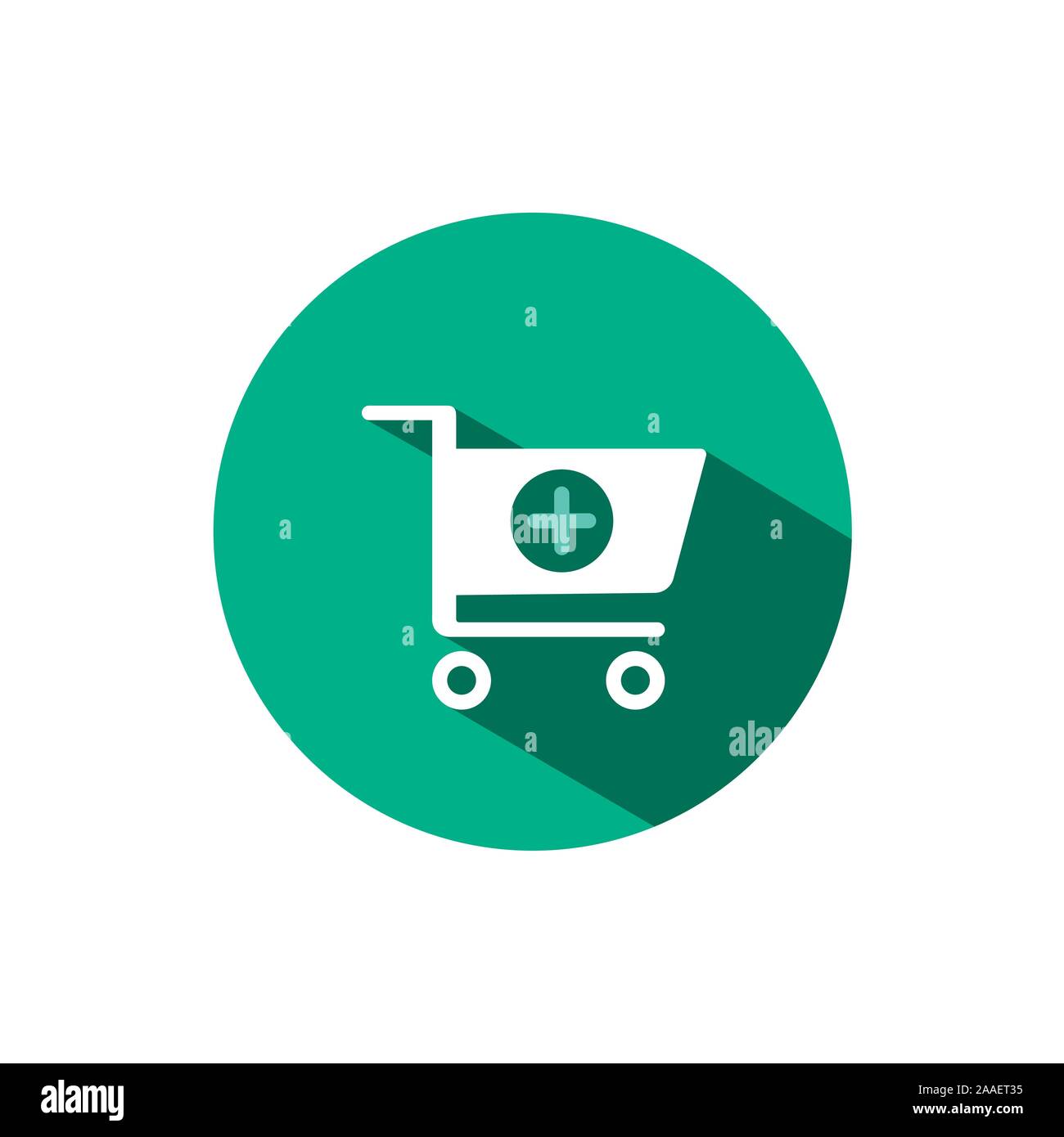 Shopping pharmacy cart icon with shadow on a green circle. Flat color ...