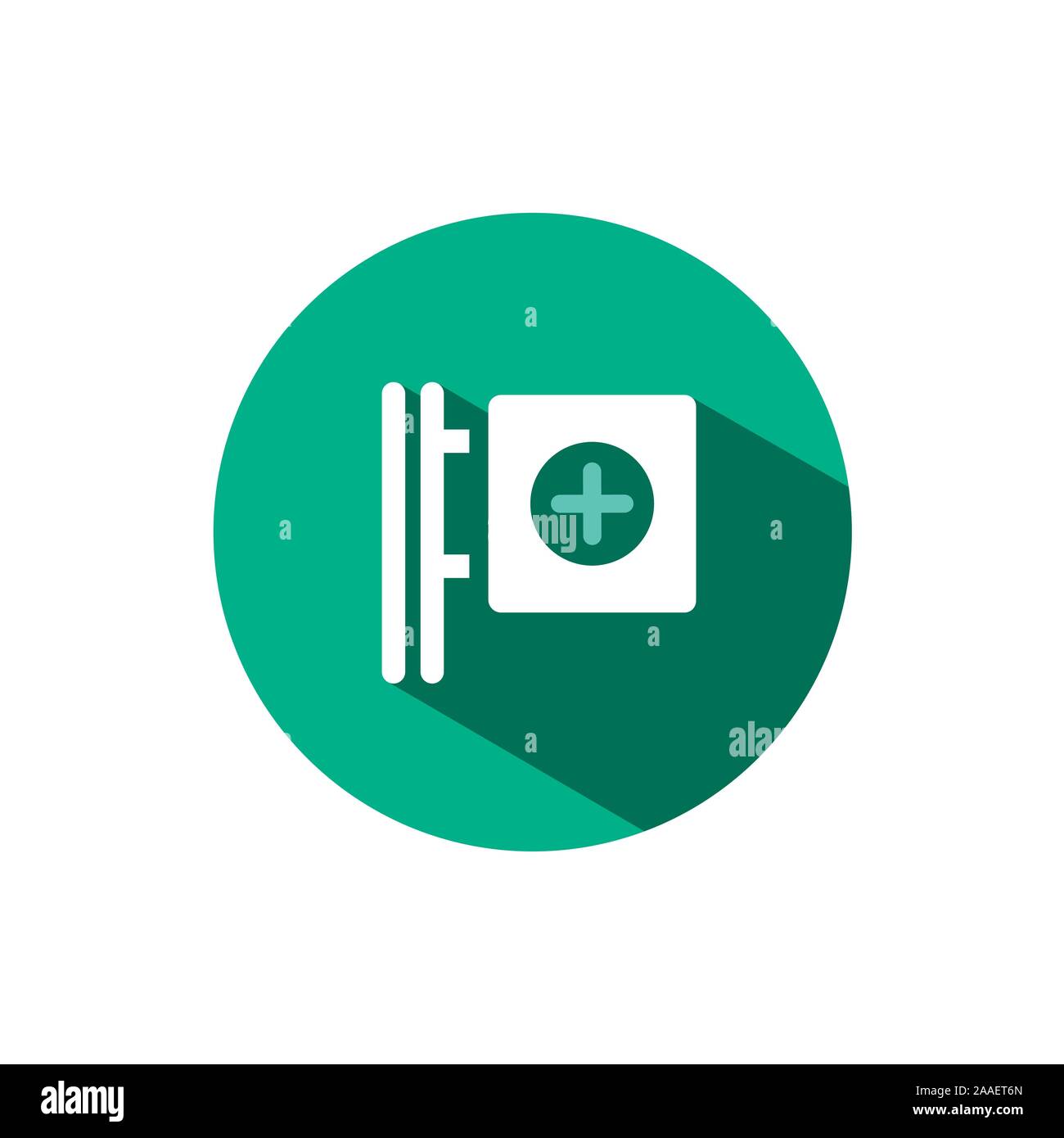 Cross pharmacy sign icon with shadow on a green circle. Flat color ...