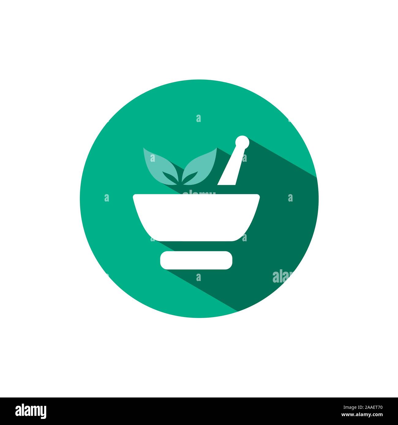 Mortar icon and leaves with shadow on a green circle. Flat color vector ...