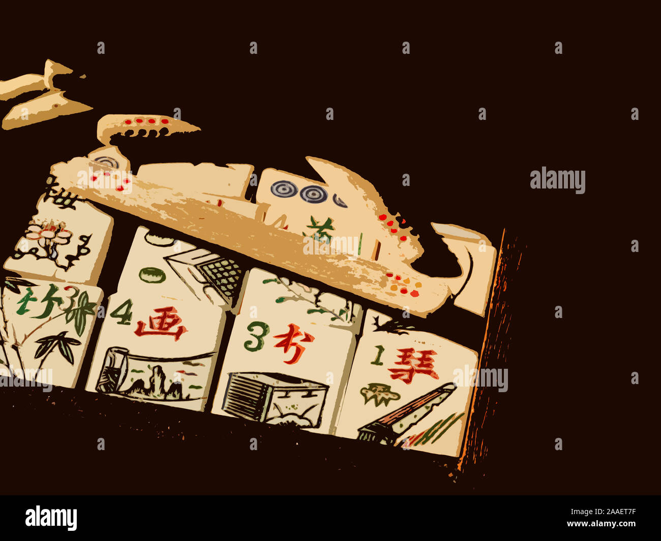 Mahjong tiles in wooden tray, seasons and flowers Stock Photo - Alamy