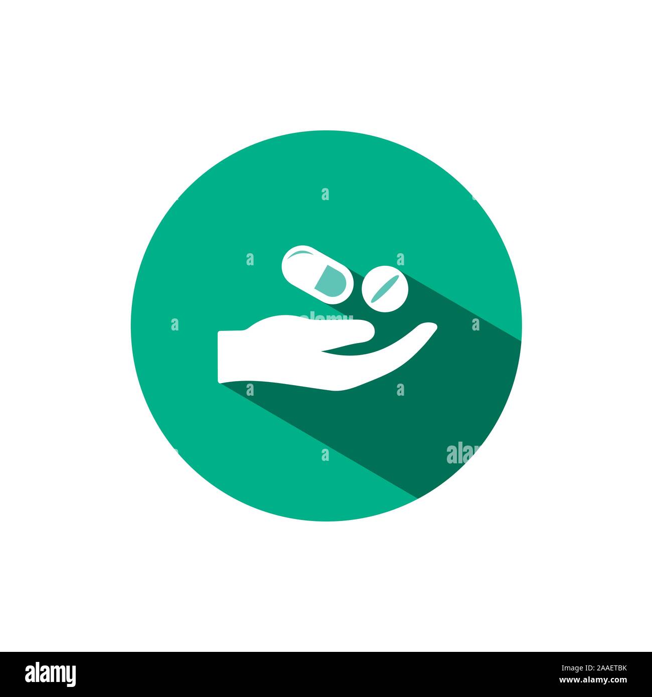 Hand and pills icon with shadow on a green circle. Flat color vector ...