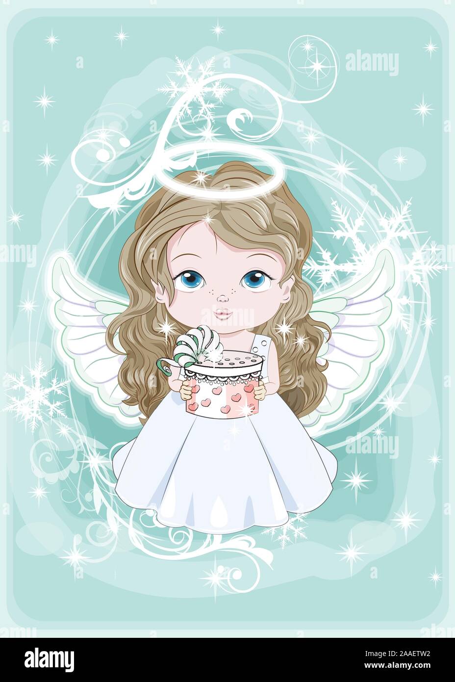 beautiful, charming little baby angel, in white dress with gift ...