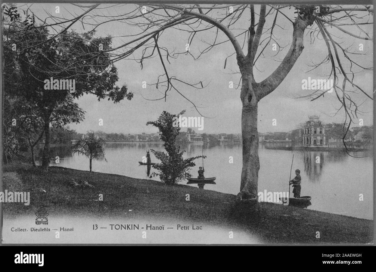 Engraved postcard of the Hoan Kiem Lake, also known as Sword Lake, with ...