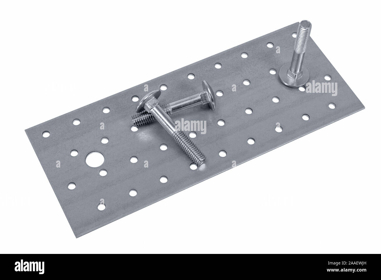 Perforated metal plate furniture screw and nuts isolated on white ...