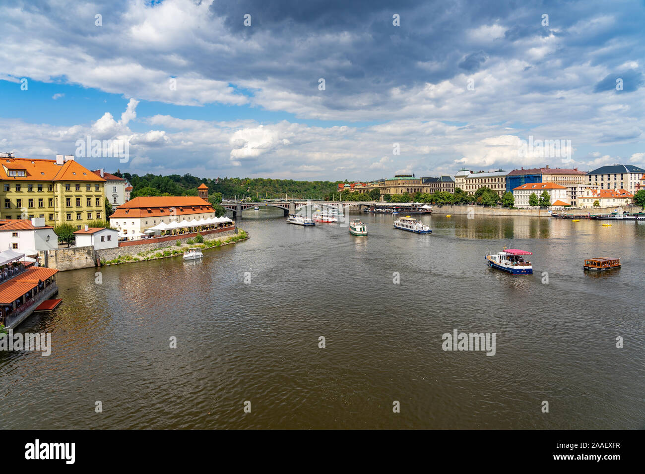 Scenic panorama cityscape view of Moldava river boat Prague in Czech ...