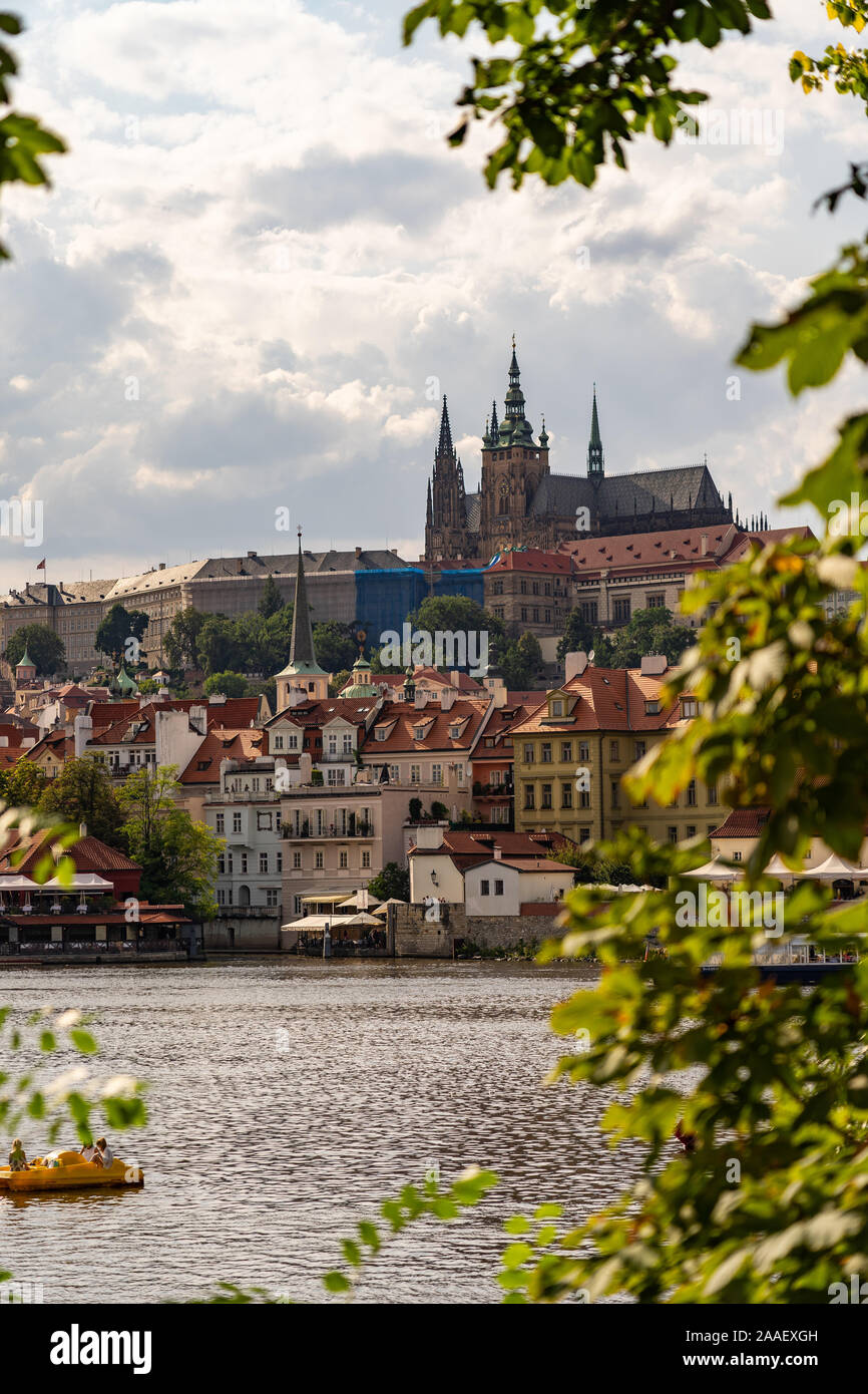 Scenic panorama cityscape view of Moldava river boat Prague in Czech ...