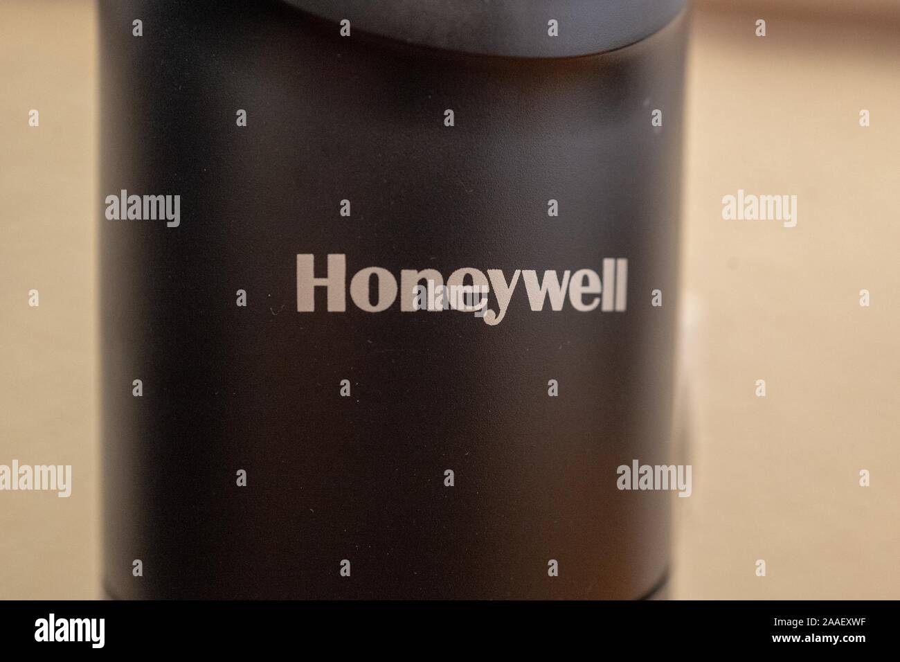 Close-up of logo for American electronics conglomerate Honeywell on a ...