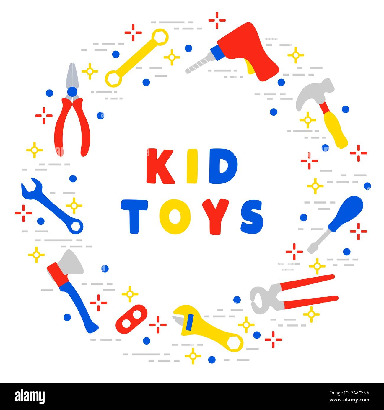 Vector illustration with kid toys Toy tools Drill, ax, hammer ...