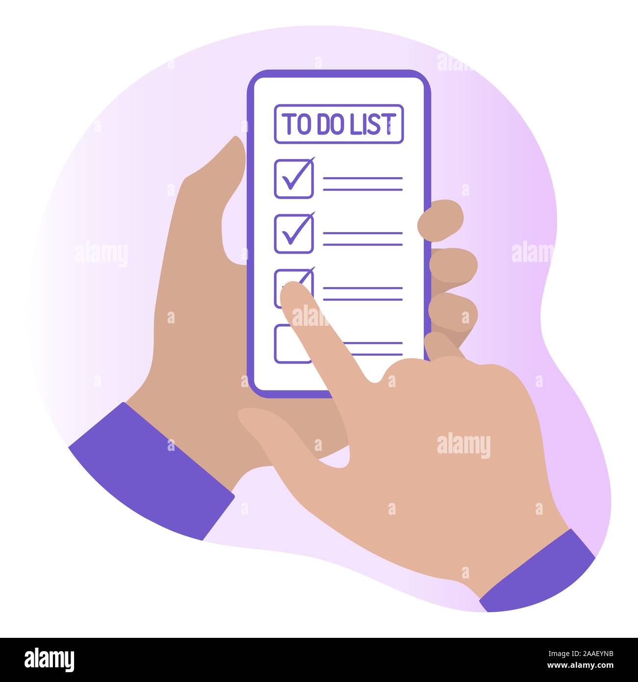 Vector illustration with hand holds smartphone and notes completed ...