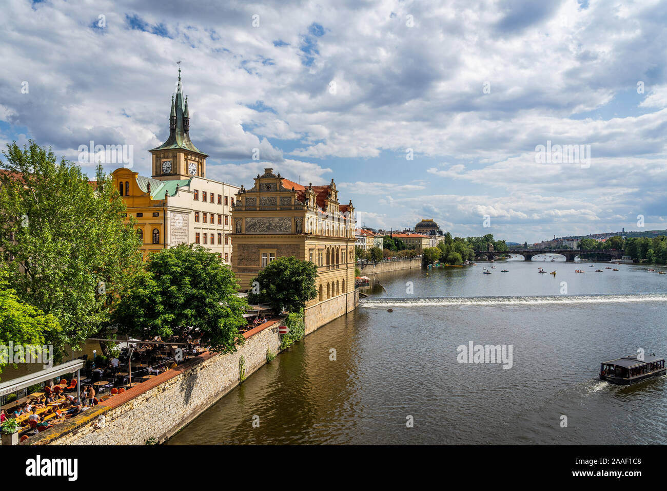 Scenic panorama cityscape view of Moldava river boat Prague in Czech ...