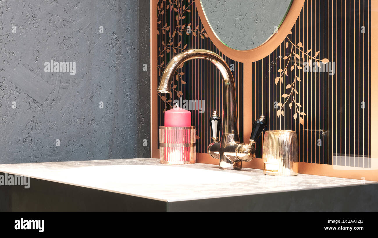 Luxury big faucet mixer on white rectangular sink in interior of ...