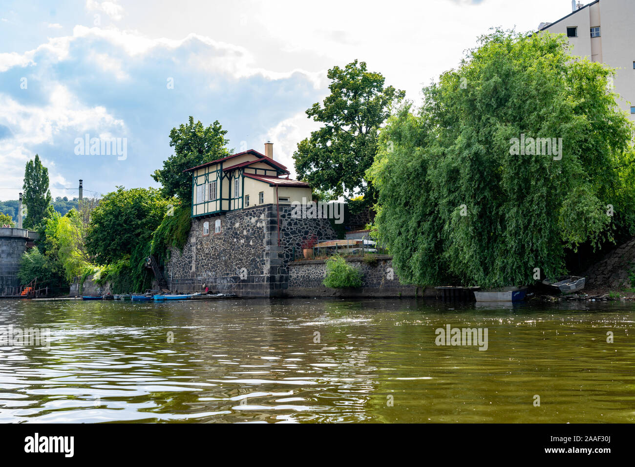Scenic panorama cityscape view of Moldava river boat Prague in Czech ...