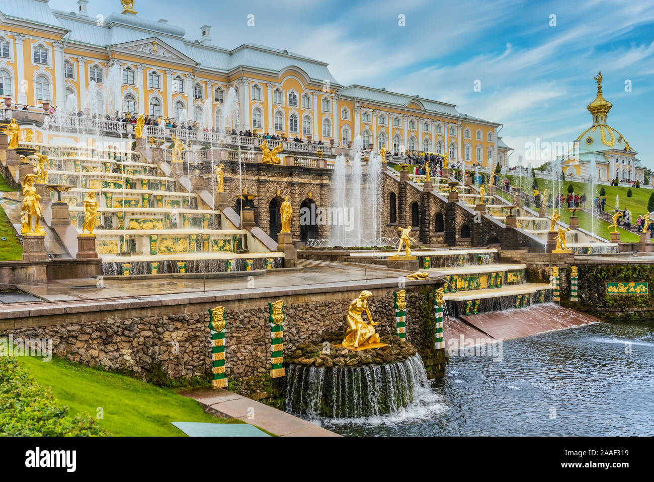 Golden statues and water fountains at the Peterhof Palace in Petergof ...
