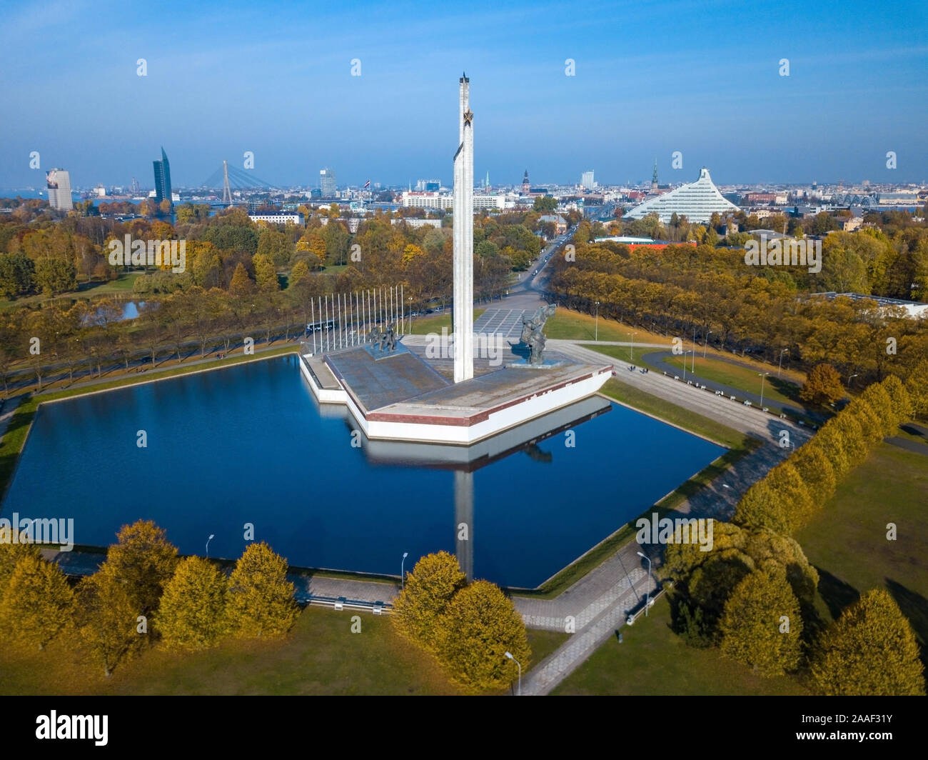 Victory park in Riga, Latvia. Victory monument. View from above ...