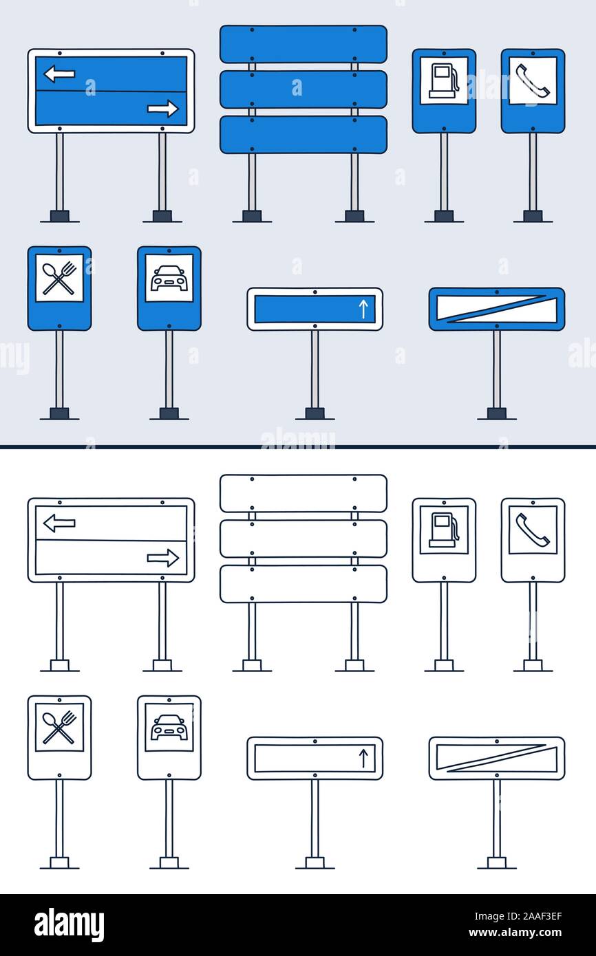 Vector set of doodle road signs in colorful and doodle outline style ...