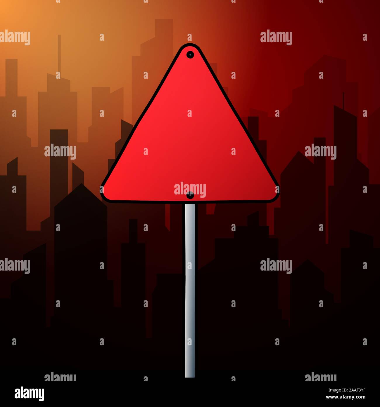 Red triangle road sign on a background landscape of a night city. Copy ...