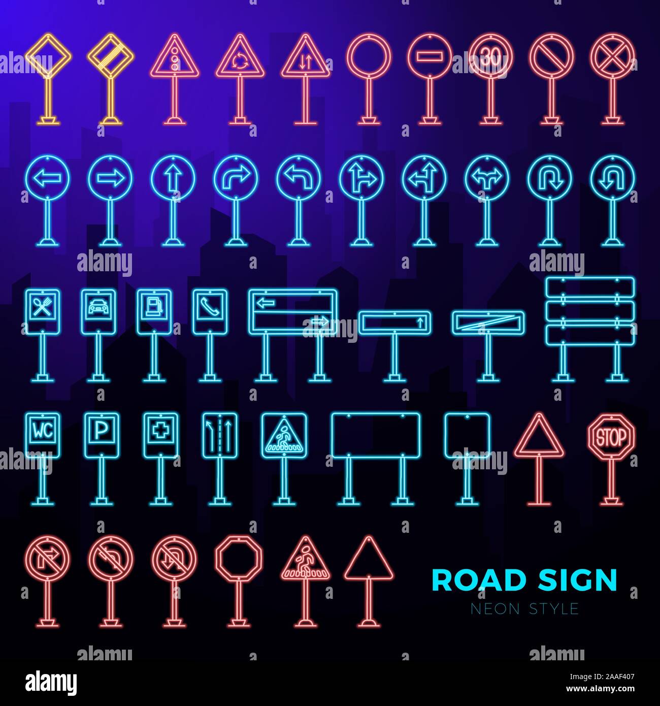 Vector mega set of doodle road signs in neon style. Hand-drawn traffic ...