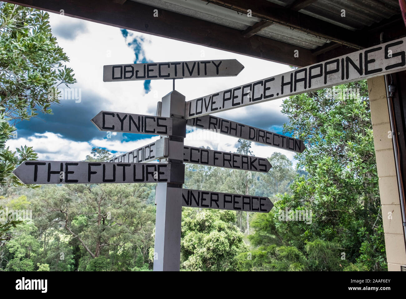 Philosophical signs posts, Nimbin, NSW, Aus Stock Photo - Alamy