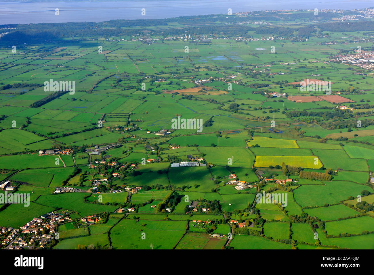 Aerial view English green fields in North Somerset, England Stock Photo ...