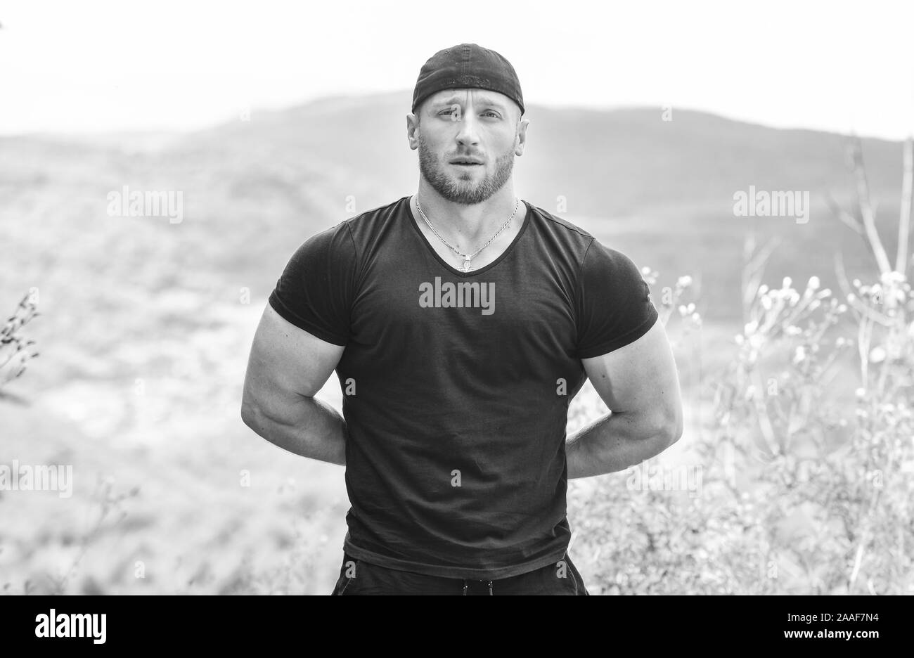 Masculinity and male energy. Power of nature. Discover world. Man ...