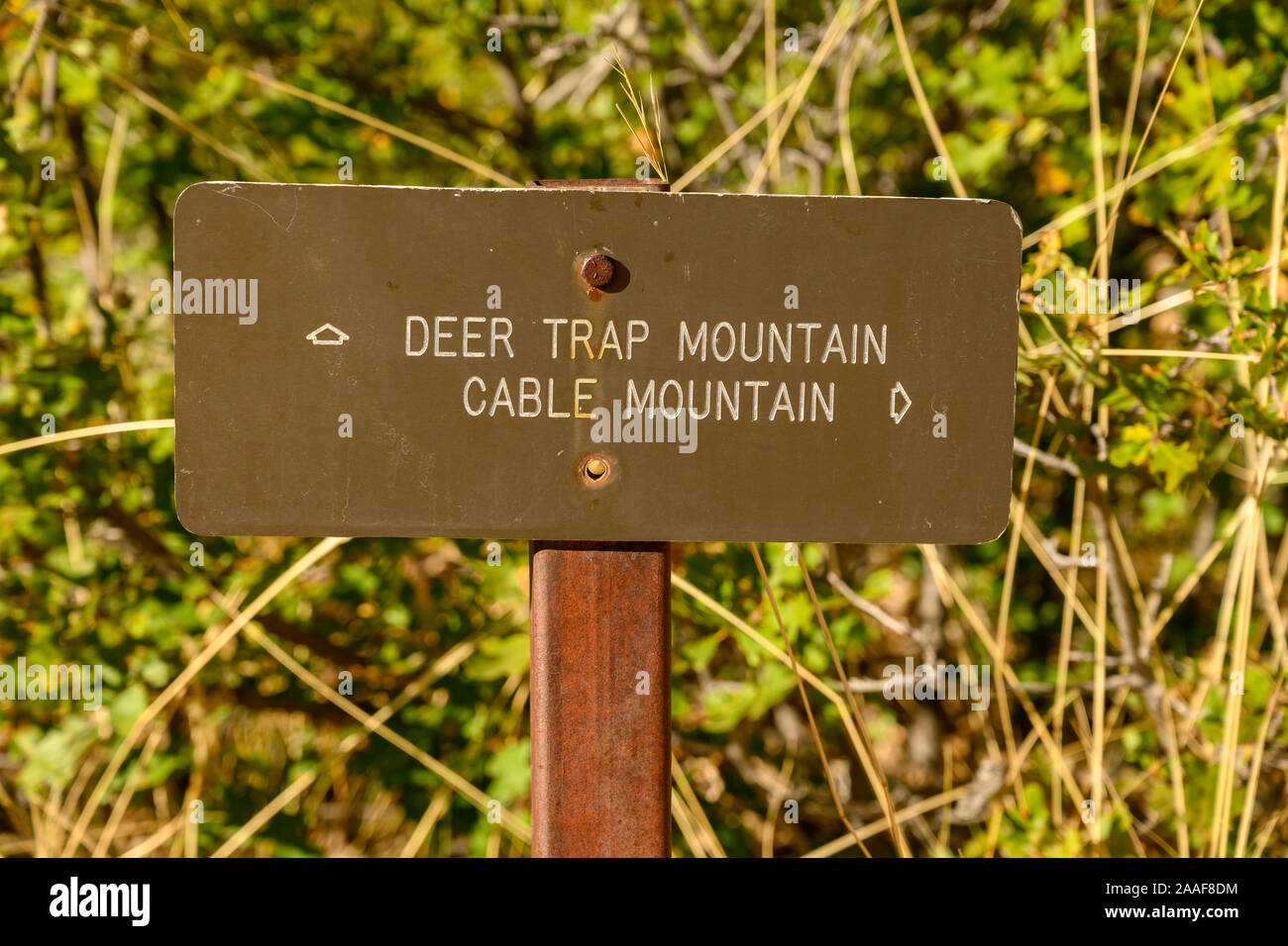 Deer Trap and Cable Mountains Sign points different directions Stock ...