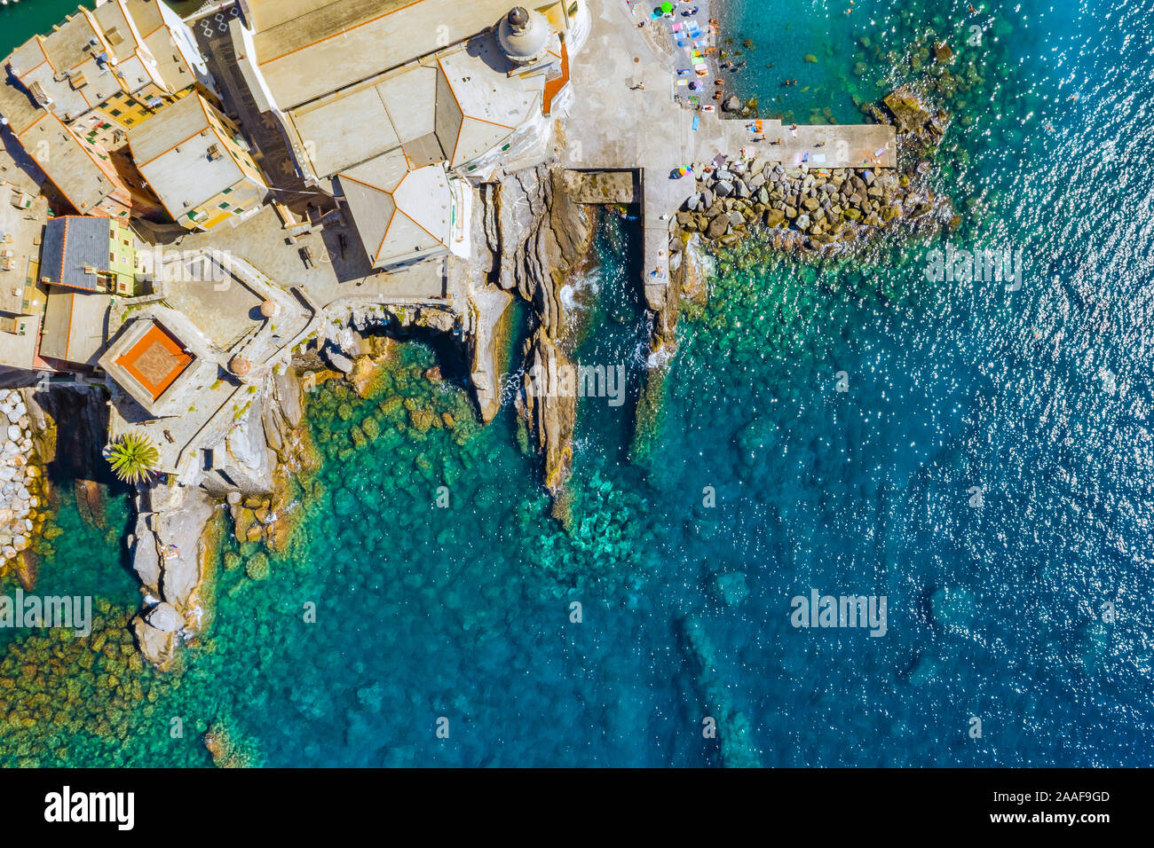 Aerial view of Camogli. Castle della Dragonara near the ligurian sea ...