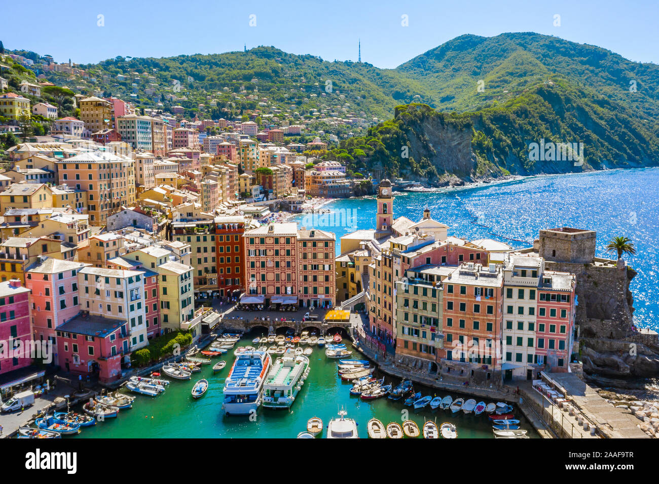 Aerial view of Camogli. Panorama of Castle della Dragonara and Basilica ...