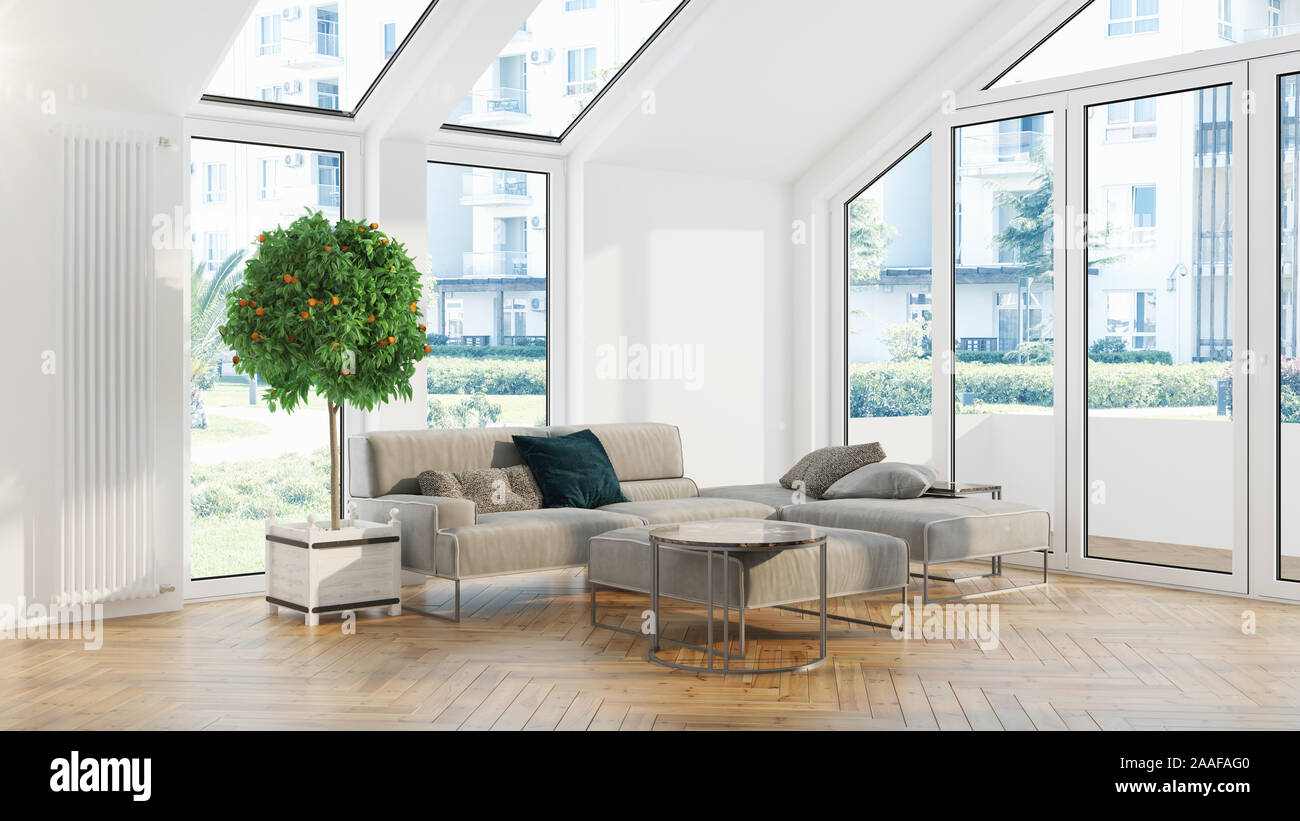 Modern design living room interior with beautiful view . 3D rendering ...