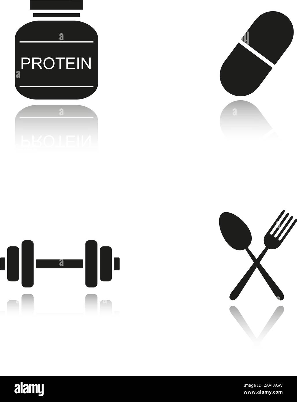 Bodybuilding drop shadow black icons set. Protein powder, bcaa pill ...