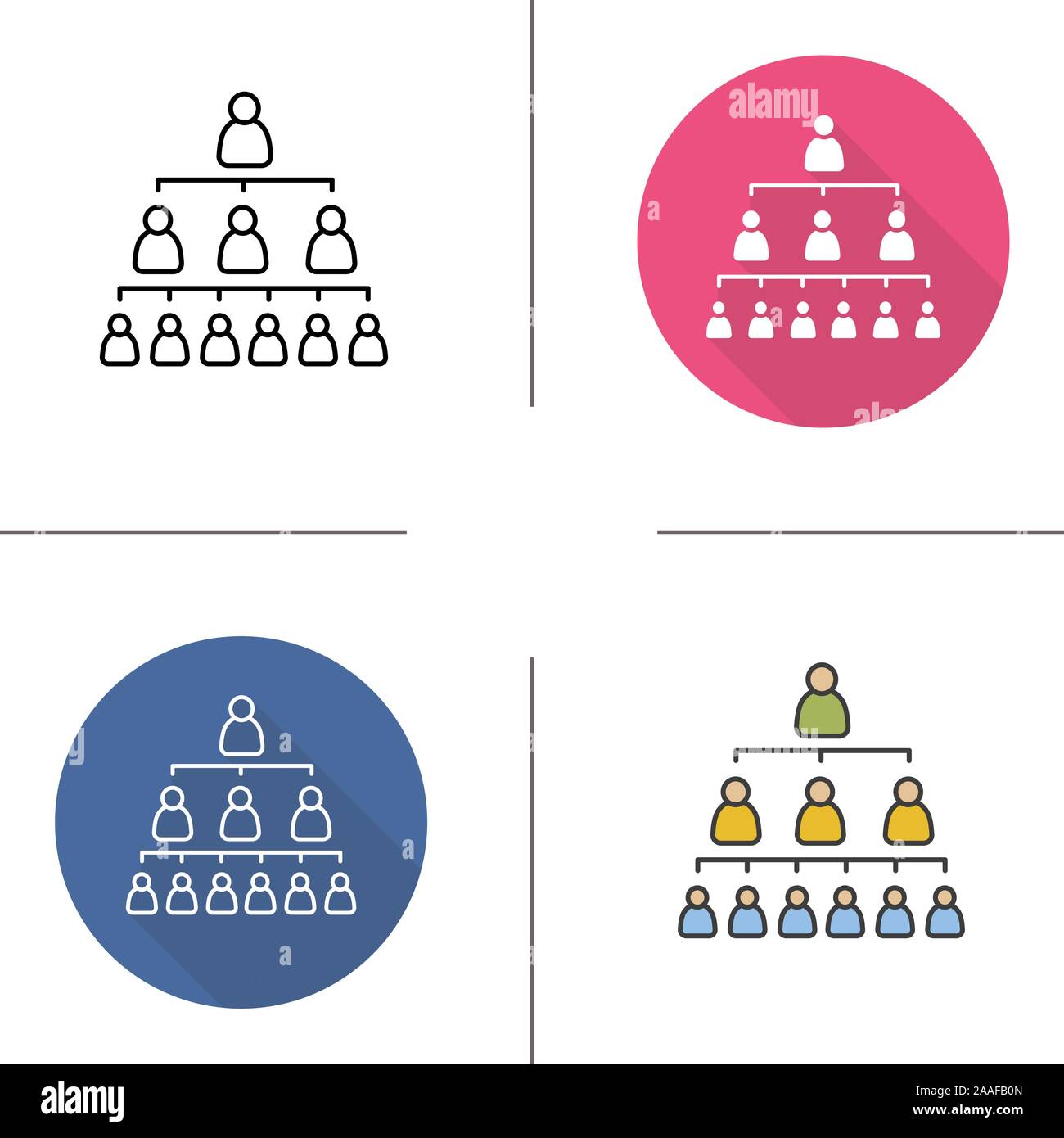 Company hierarchy flat design, linear and color icons set. Group ...