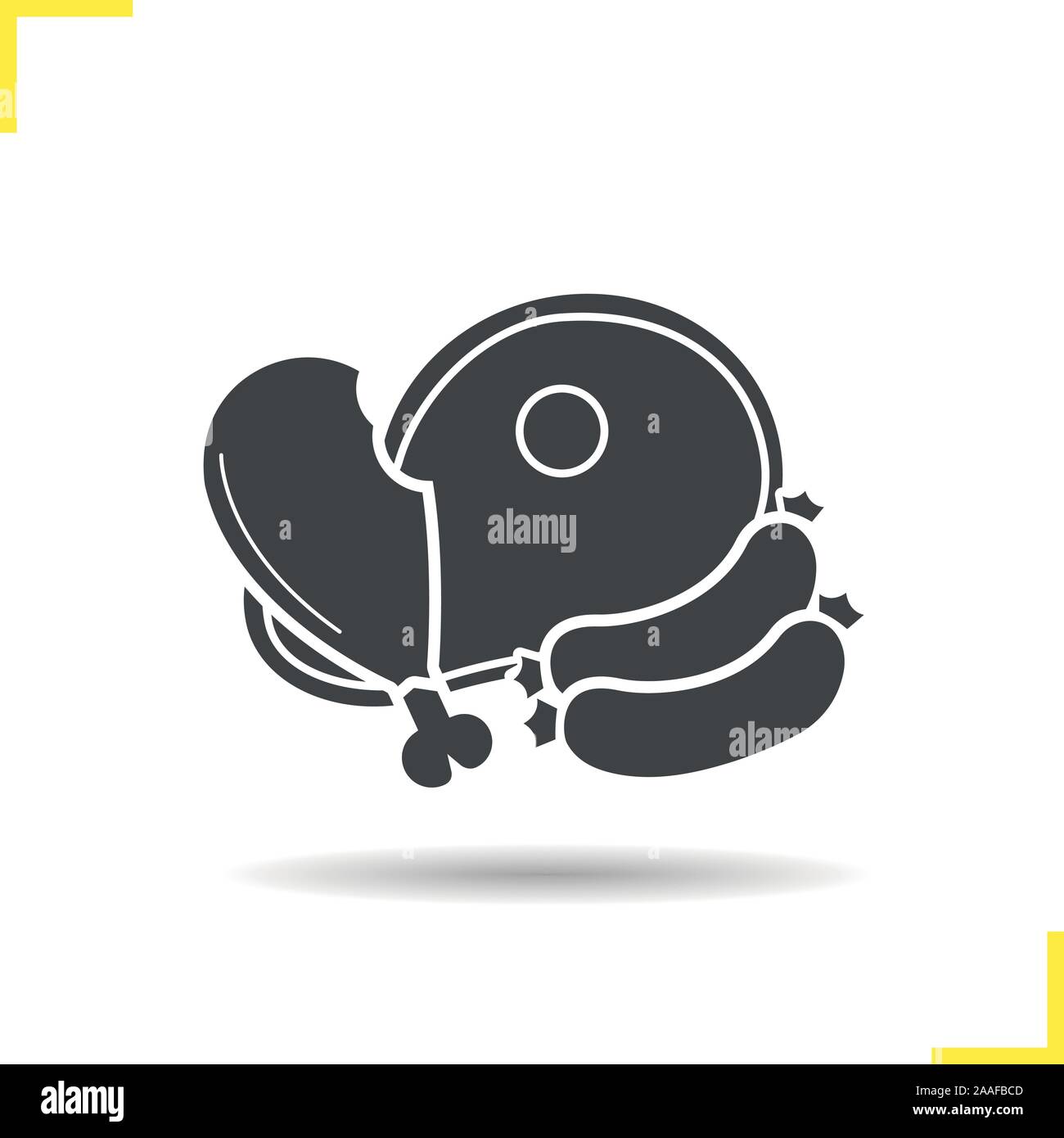 Meat products icon. Drop shadow chicken leg, sausages and beef steak ...