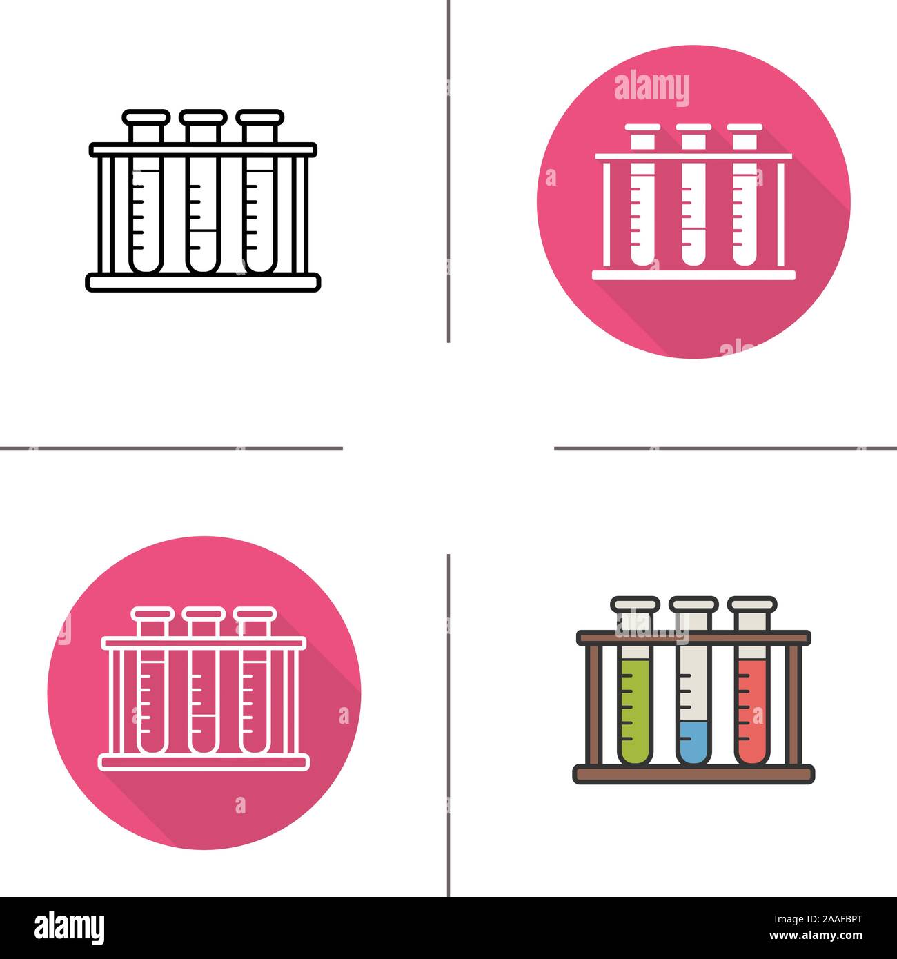 Test tubes flat design, linear and color icons set. Chemical laboratory ...
