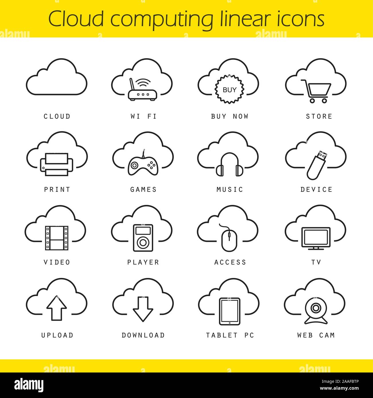 Cloud computing linear icons set. Buy now, download, upload and print icons. Music, video and tv ...