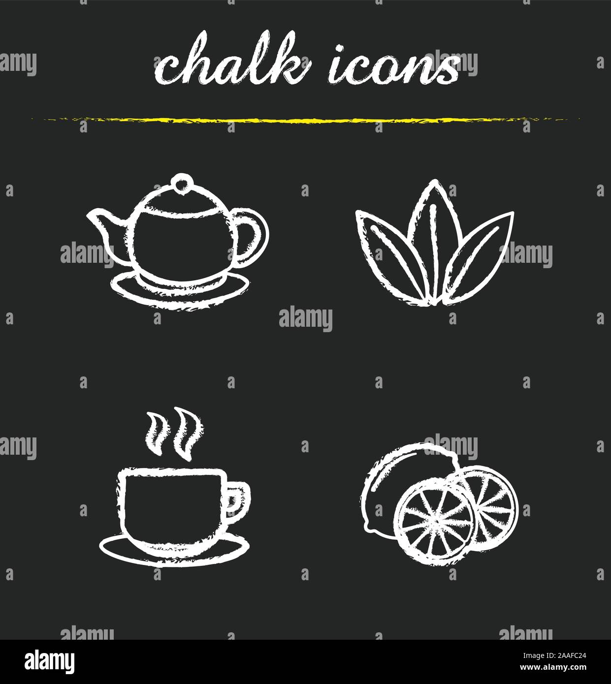 Tea chalk icons set. Teapot, tea leaves, steaming cup and lemon slices ...
