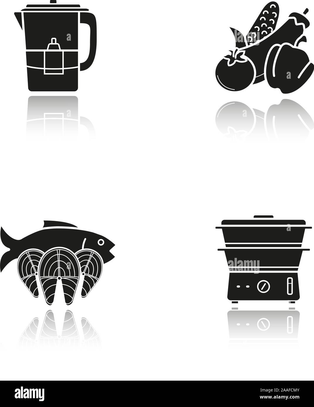 Steam cooking drop shadow black icons set. Vegetables, fish, water ...