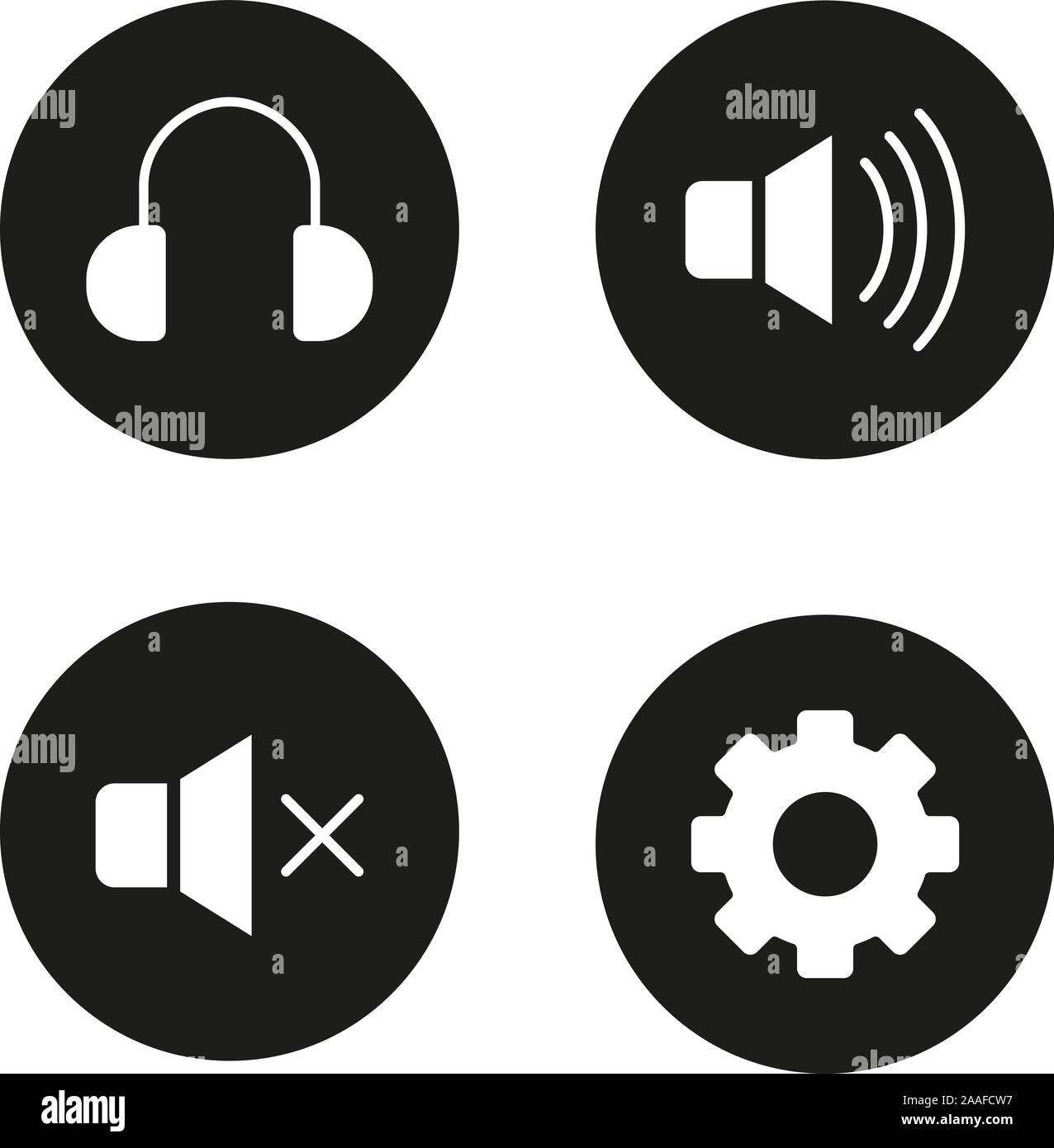 Music player interface black icons set. Headphones, mute on, mute off ...