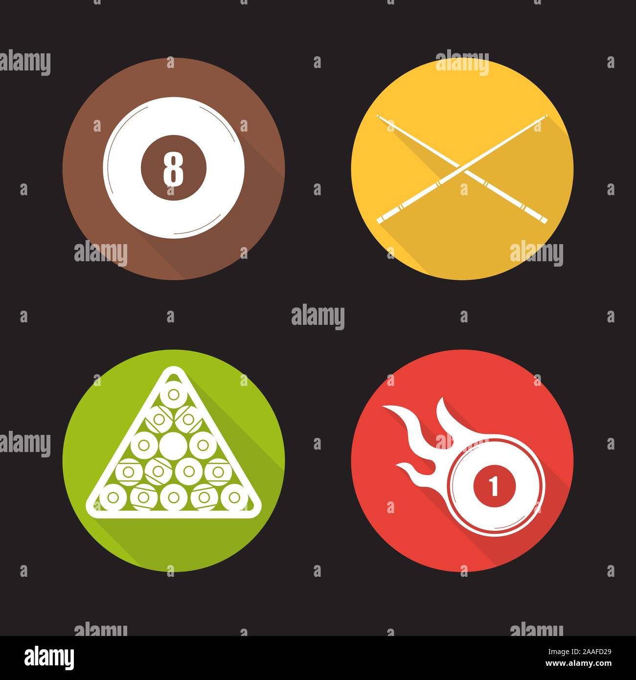 Billiard flat design long shadow icons set. Eight ball, cues, ball rack ...