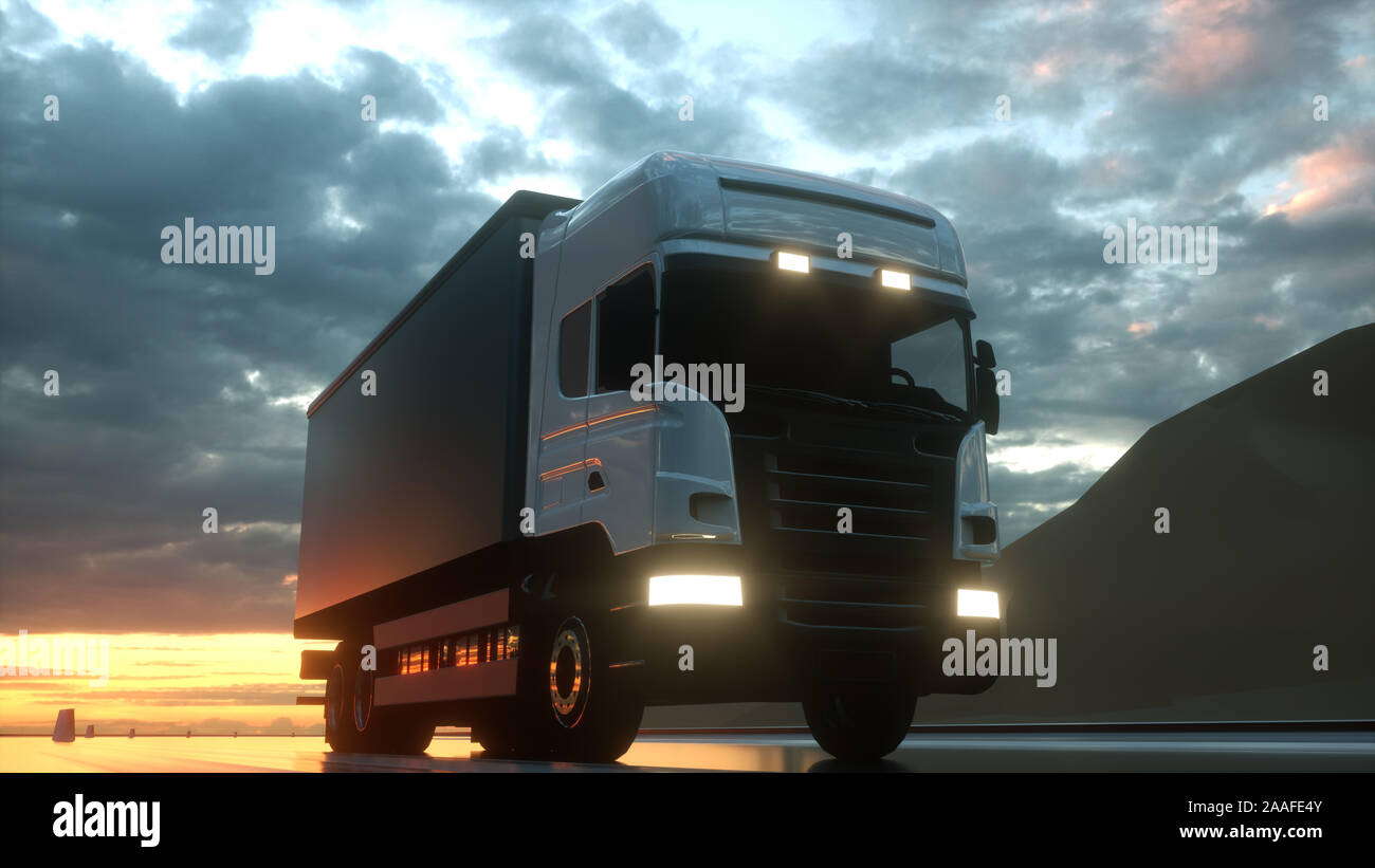 Delivery truck on asphalt road highway at sunset - transportation ...