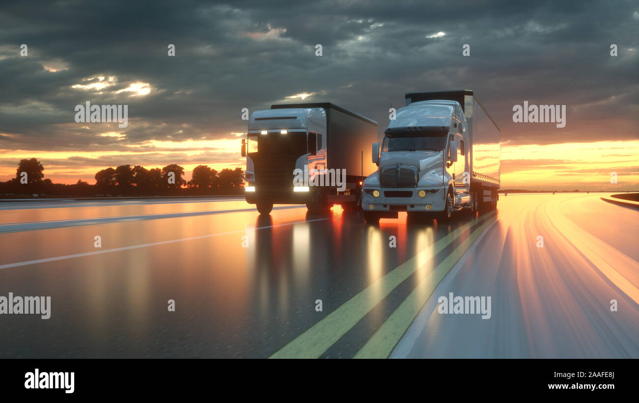 Two trucks on the road, highway. Transports, logistics concept. 3d ...
