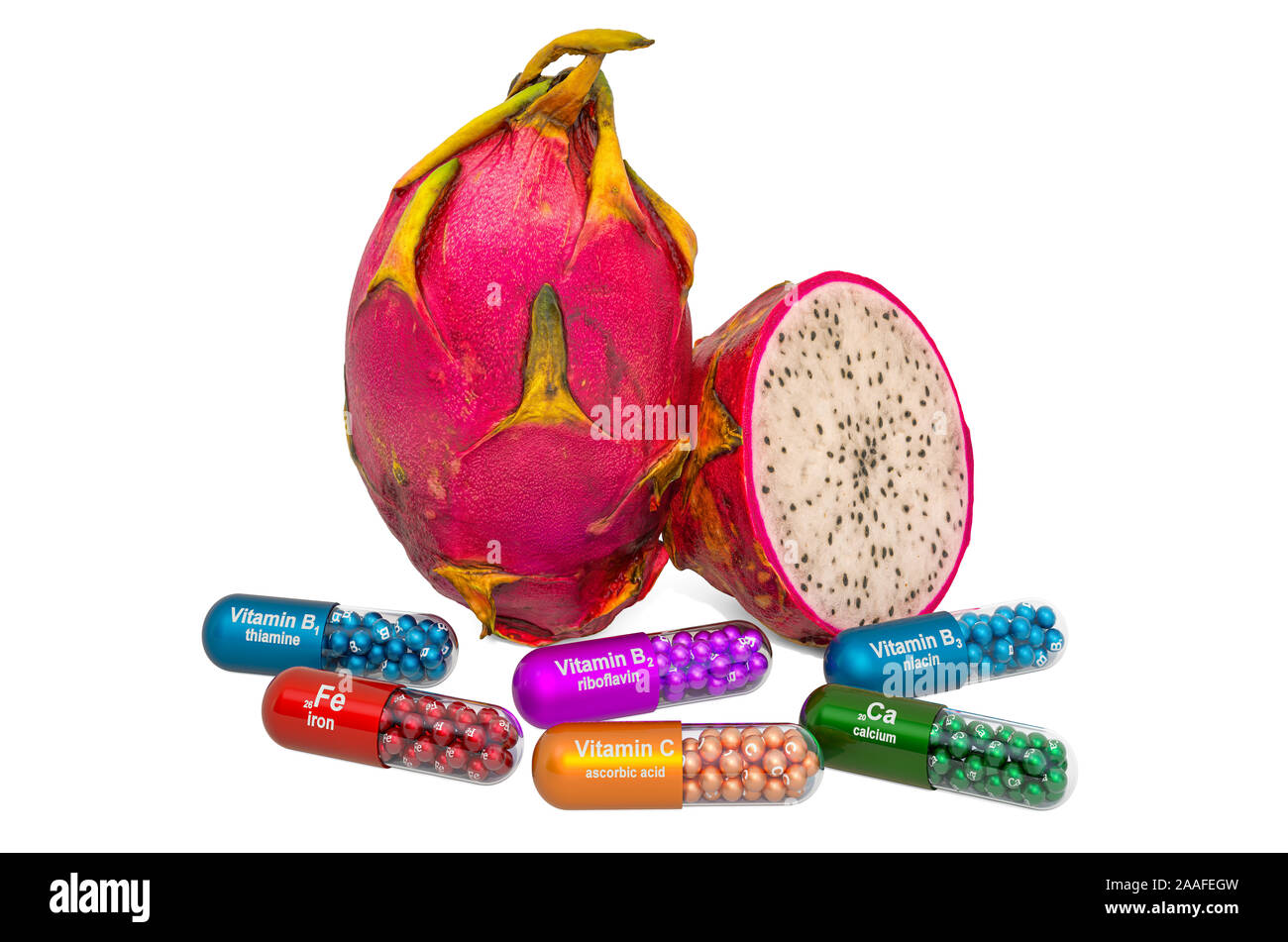 Vitamins and minerals of dragon fruit, 3D rendering isolated on white ...