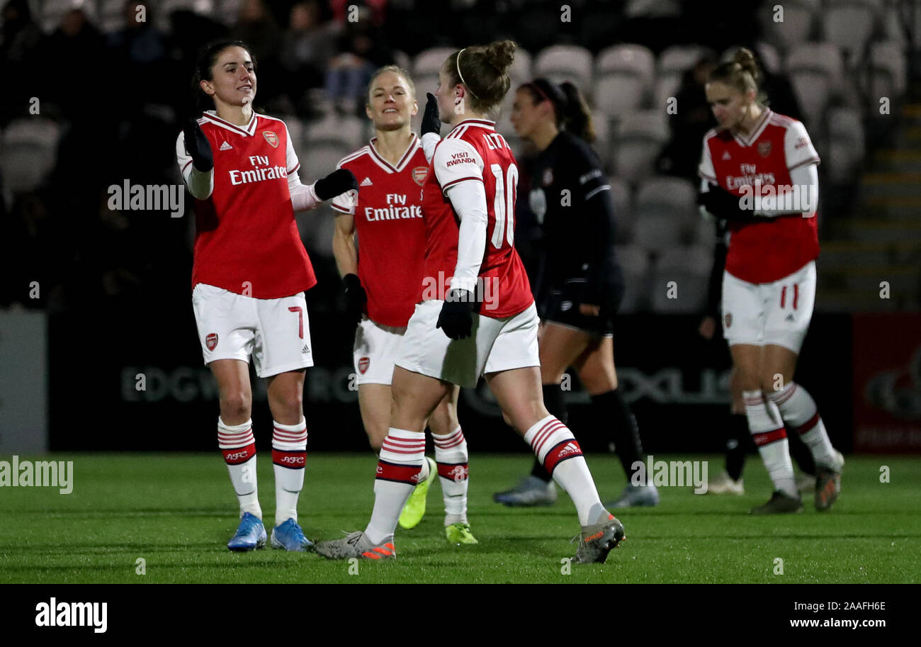Arsenal’s Kim Little celebrates with her team after she scores her ...
