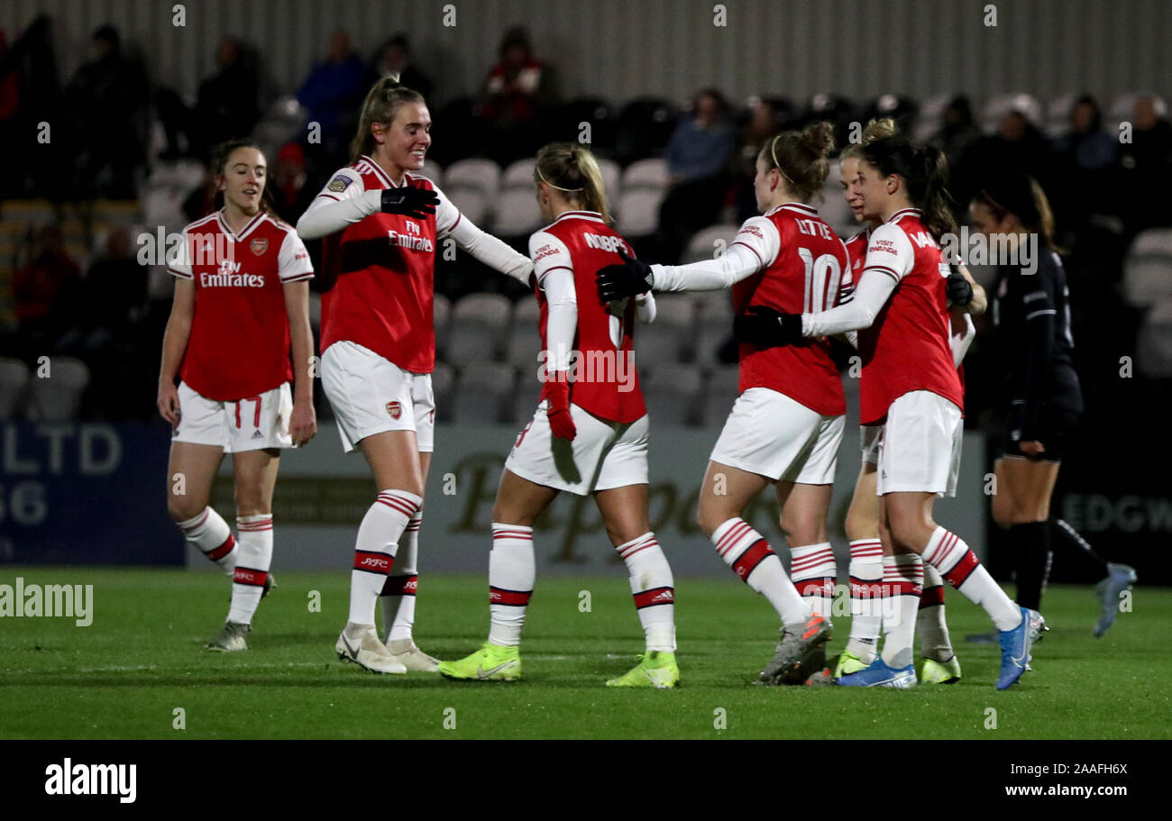 Arsenal’s Kim Little celebrates with her team after she scores her ...