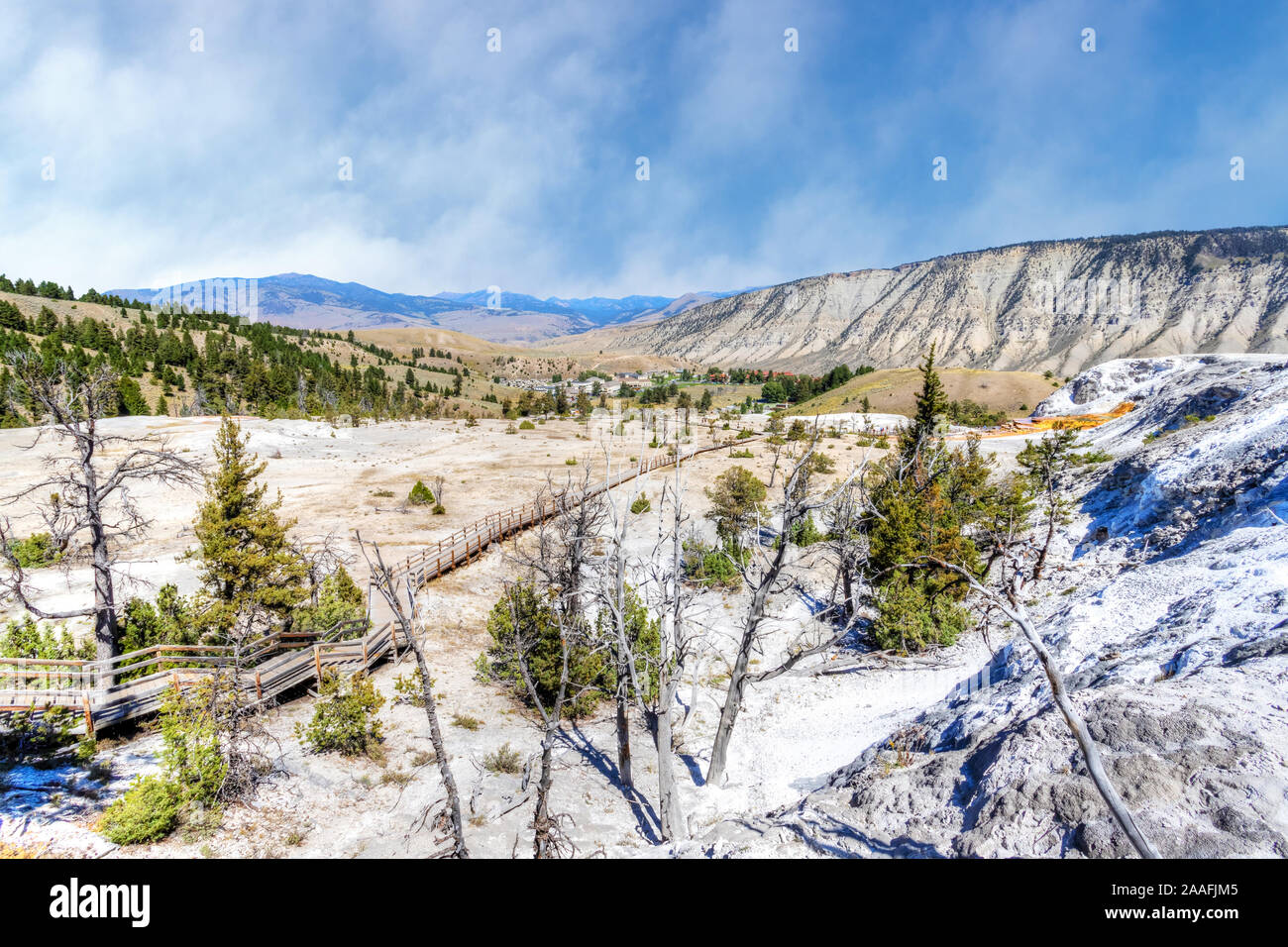 Overlook of the lower terraces of Mammoth Hot Springs at Yellowstone ...
